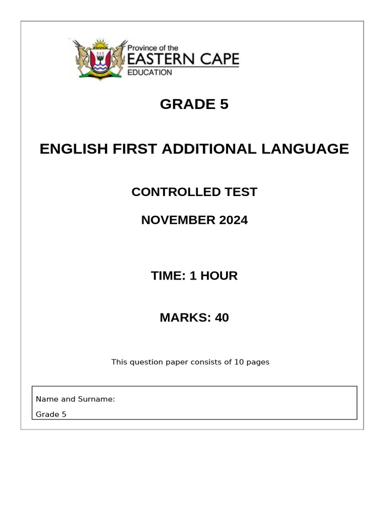 ENGLISH Grade 5 FAL Term 4 Controlled Test November 2024-1 | PDF | Verb
