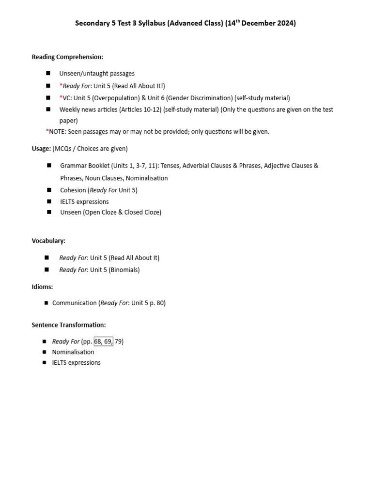Secondary 5 Advanced Test 3 Syllabus | PDF