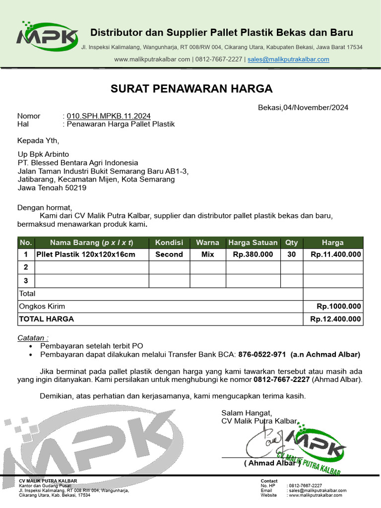 010.SPH - MPKB.11.2024 - Surat Penawaran Harga Pallet Plastik - CV Malik Putra Kalbar | PDF