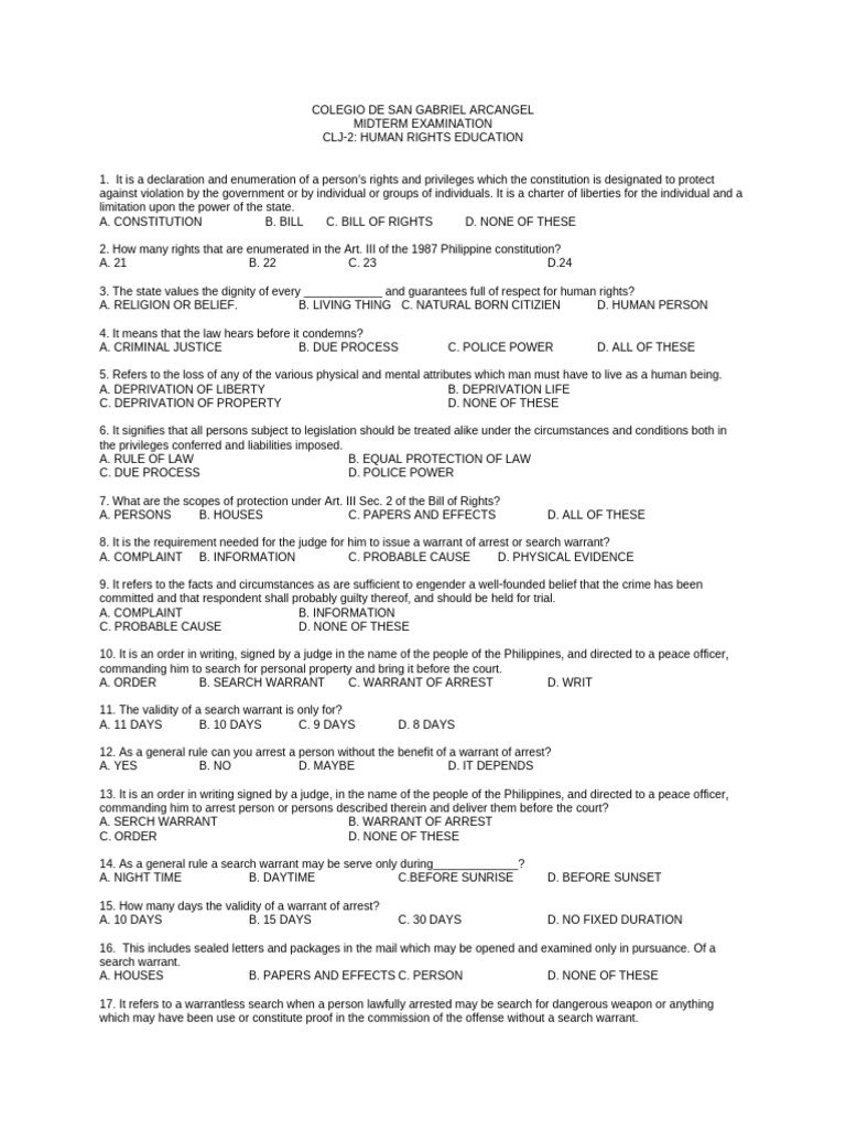 CLJ-2-MITERM-EXAM | PDF | Search And Seizure | Search Warrant