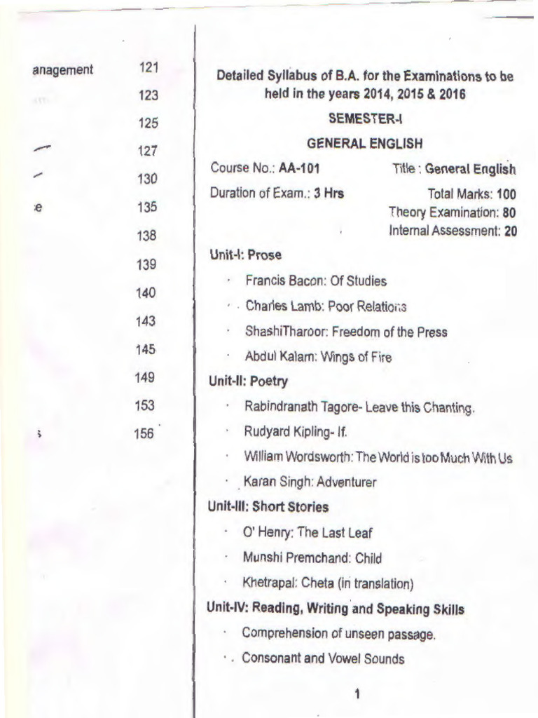 BA Semester 1 Syllabus | PDF