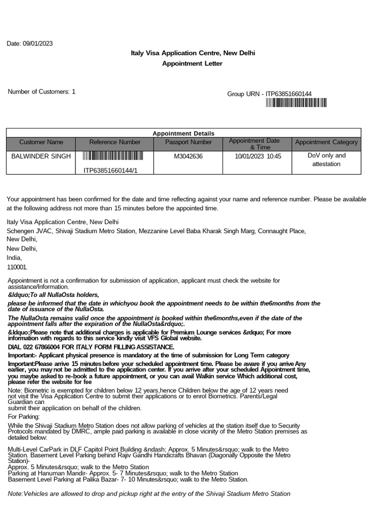 Italy Visa Application Centre, New Delhi Appointment Letter | PDF ...