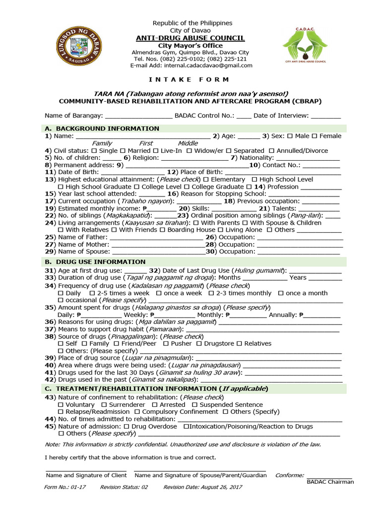 7 INTAKE FORM V2 | PDF | Drug Rehabilitation | Social Institutions