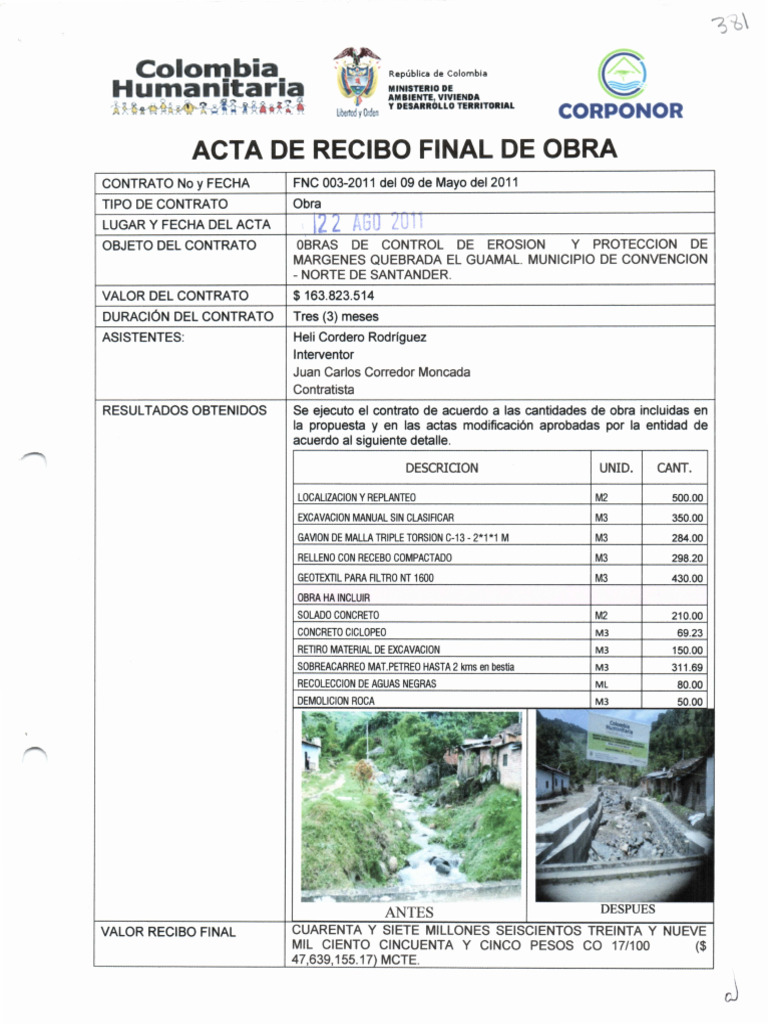 22a. Acta de Recibo Final - Obra | PDF