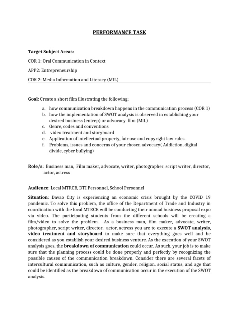 PERFORMANCE-TASK - COR-1-Entrep MIL | PDF | Communication | You Tube