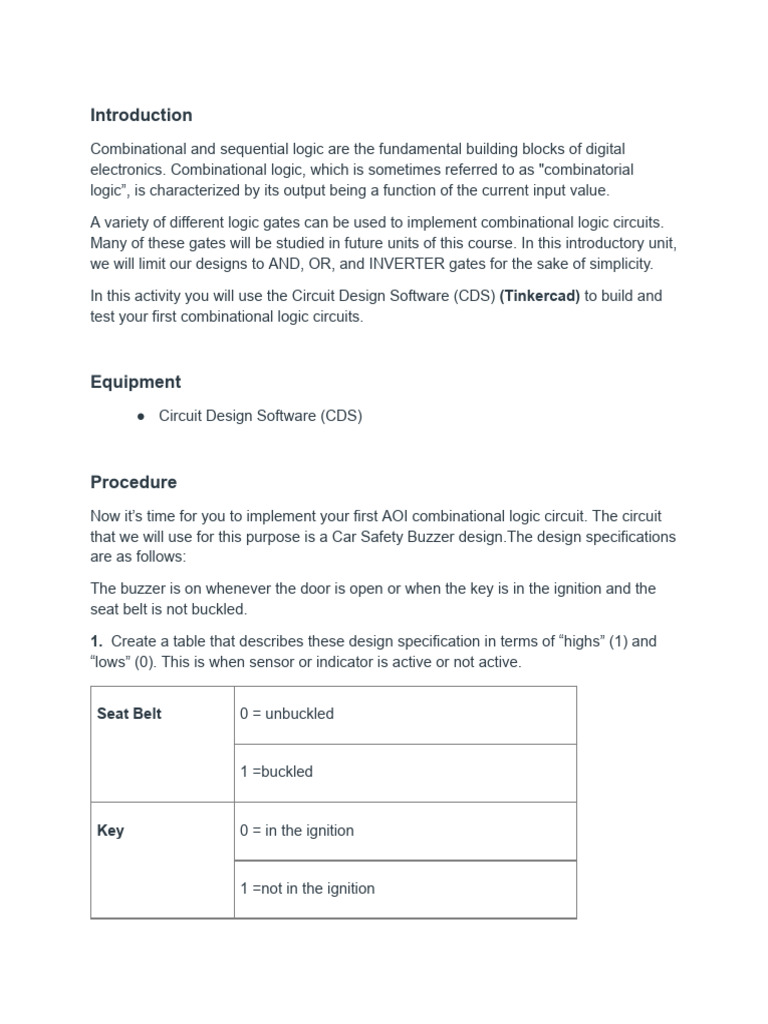 Lesson Introduction to Combinational Logic Design_ Seat Belt Circuit | PDF | Logic Gate ...