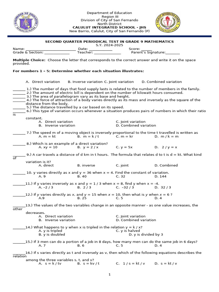 Grade 9 Math 2nd Quarter Exam 2024-2025 | PDF | Mathematical Analysis ...