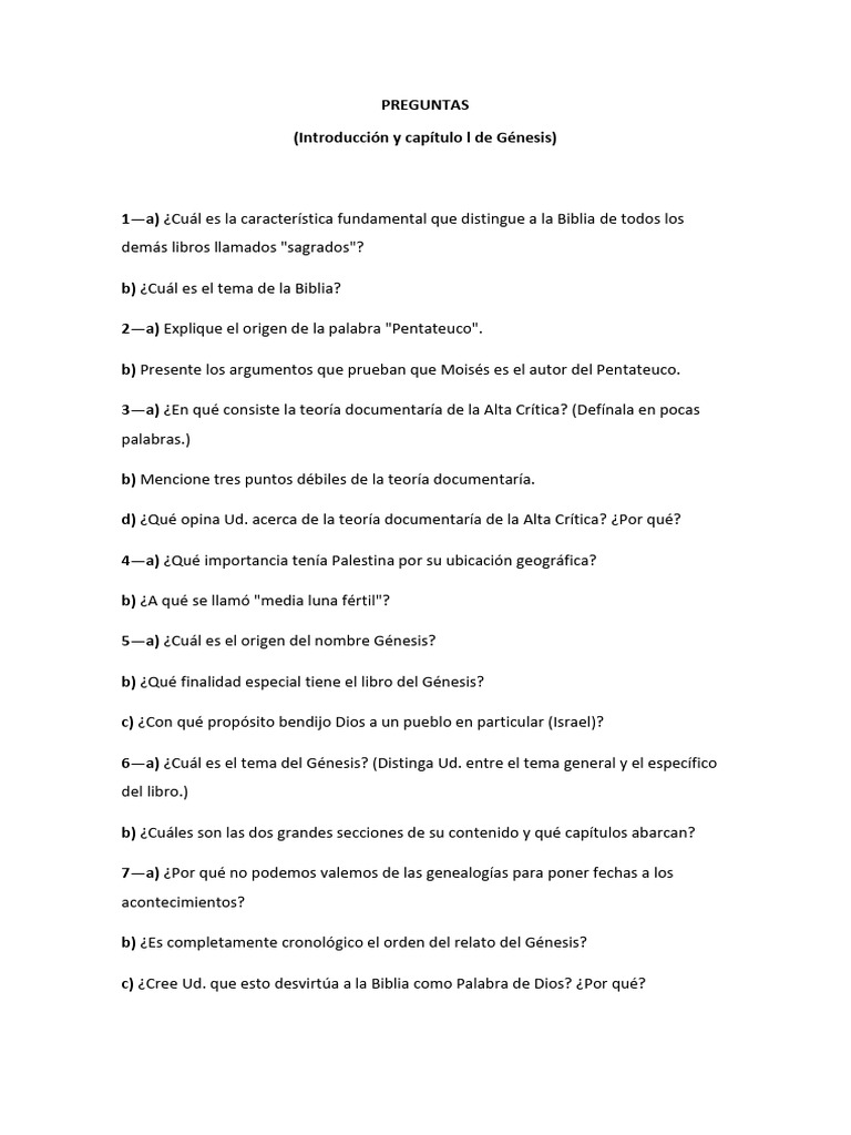 PREGUNTAS Introducción y Capítulo L de Génesis | PDF