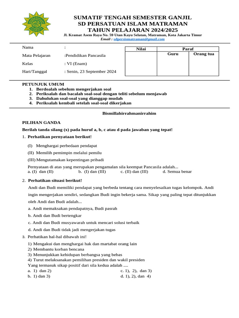 STS PANCASILA KELAS 6 Ganjil 2024 | PDF
