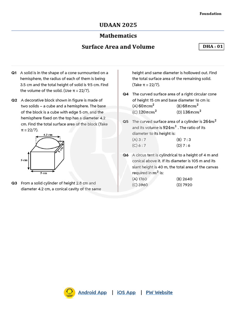 Surface Area and Volume _ DHA 01 (Of Lecture 02) __ Udaan 2025 | PDF | Sphere | Area