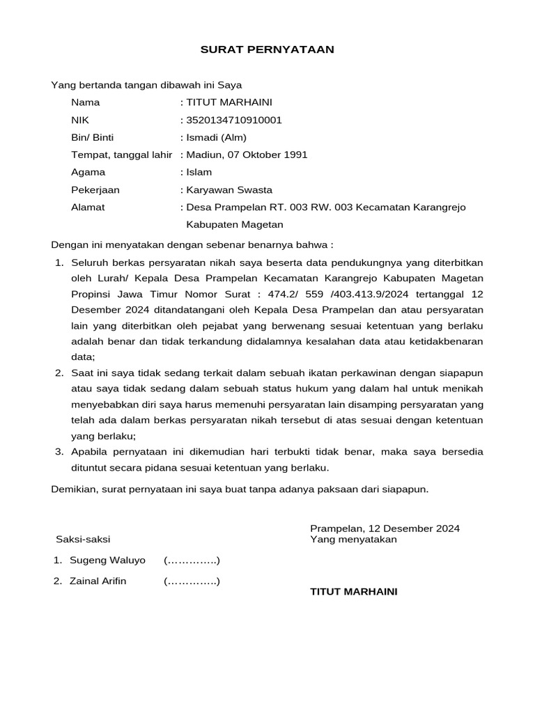 Surat Pernyataan Catin | PDF