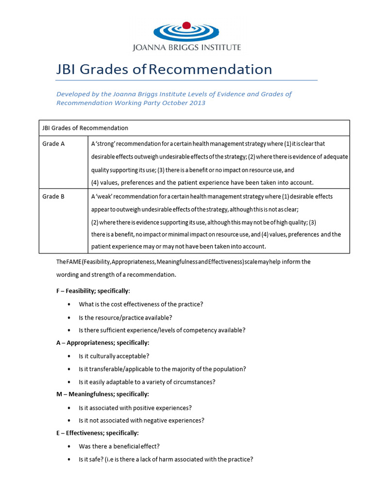 JBI Recommendation Grades Guide | PDF