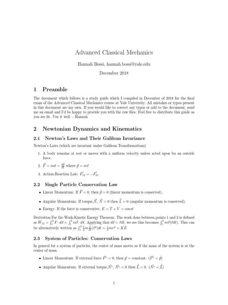 Advanced - Classical - Mechanics - Summary of Concepts | PDF ...
