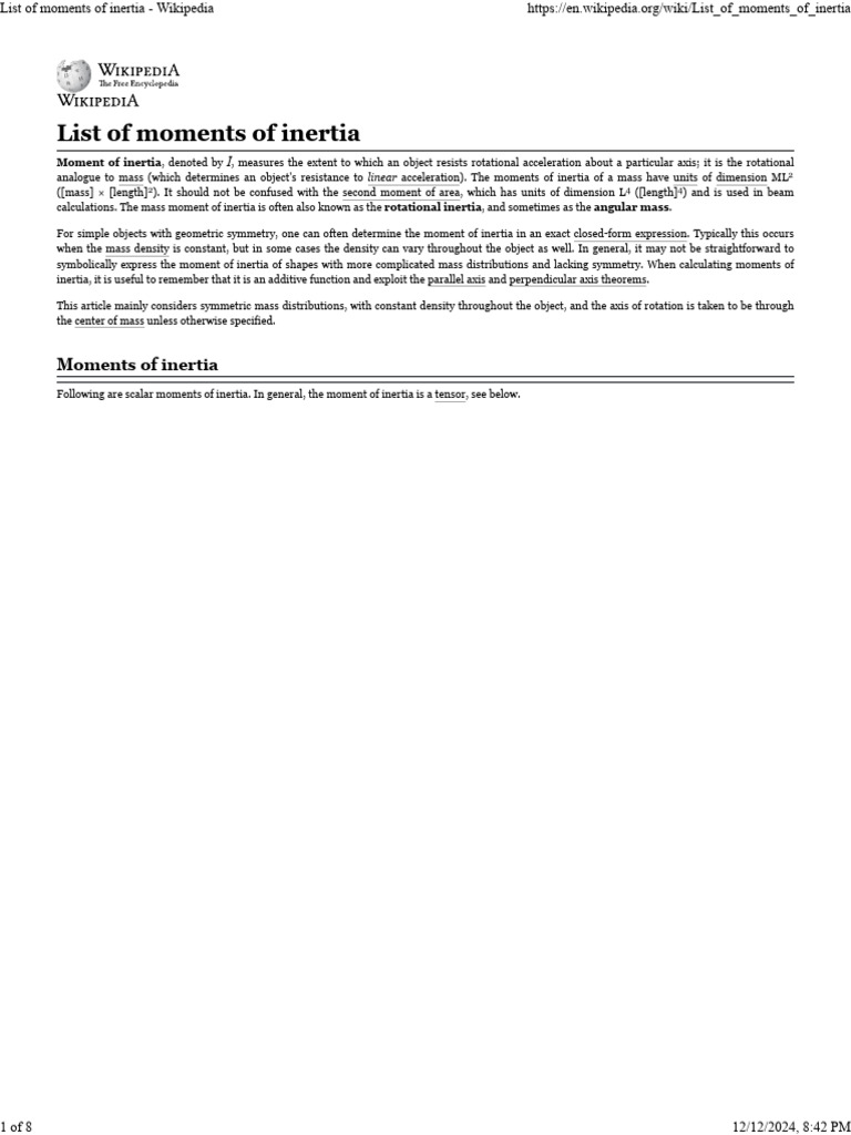 List of moments of inertia - Wikipedia | PDF | Rotation Around A Fixed Axis | Rotation