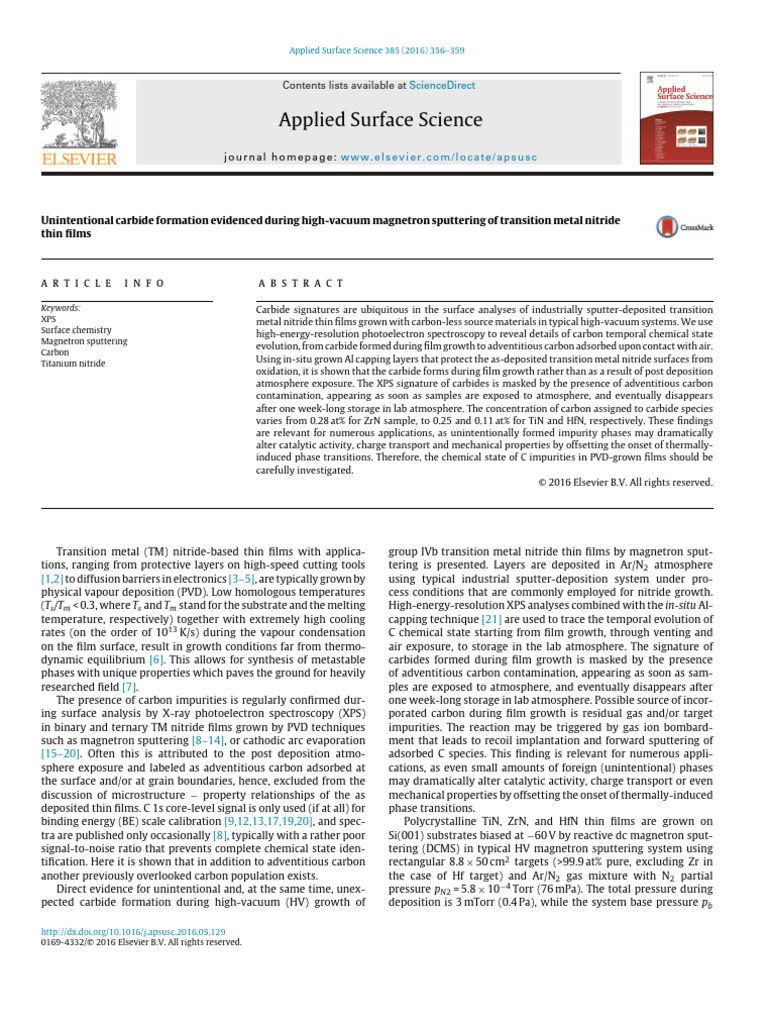 Appl.surf.Sci.385(2016)356_(Unintentional Carbide Formation Evidenced During High-Vacuum ...