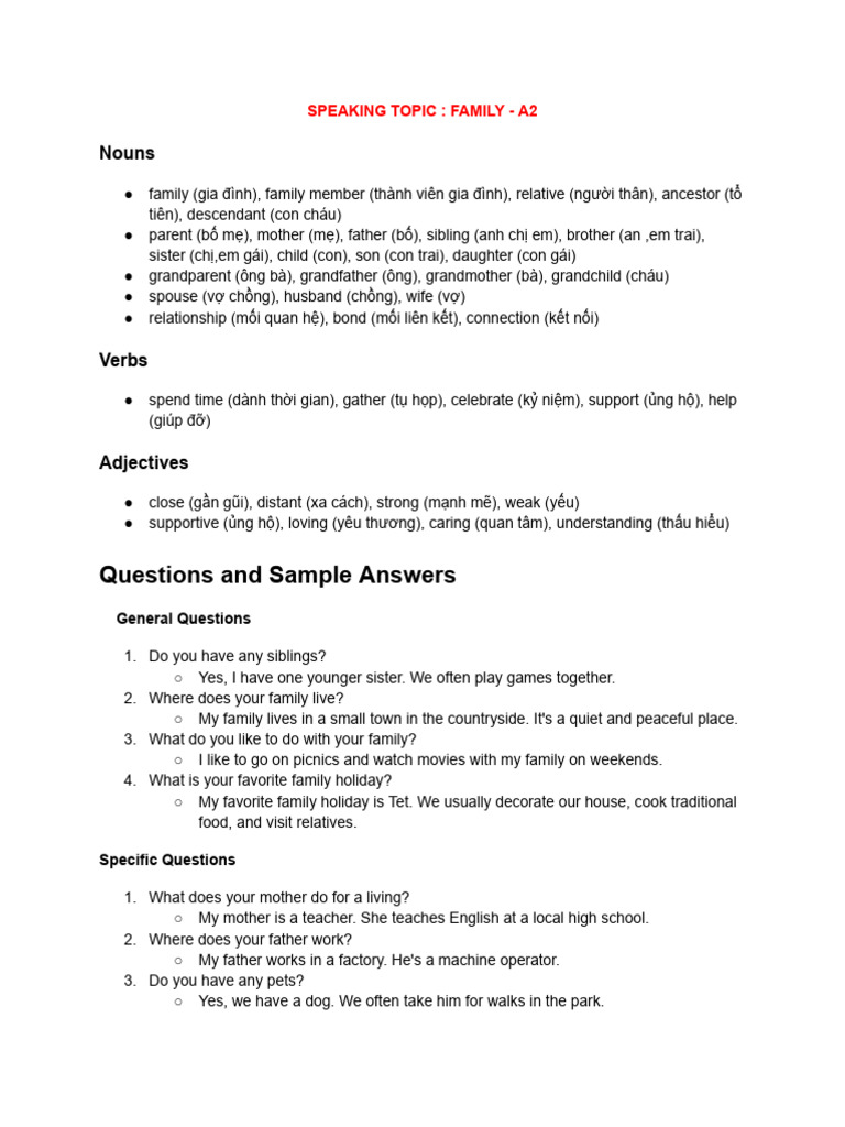 Family Speaking Topics for IELTS A2 | PDF