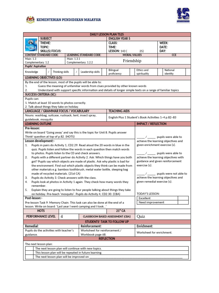 Bi Y5 TS25 Unit 8 (LP143-160) | PDF | Lesson Plan | Learning