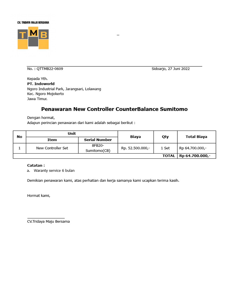 Penawaran New Controller Counterbalance Sumitomo | PDF