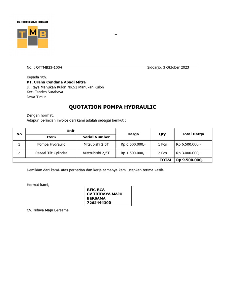 Penawaran Pompa Hydraulic | PDF