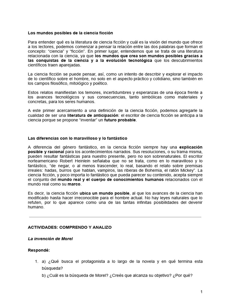 Actividades Sobre La Invención de Morel | PDF | Fantasía | Ciencia ficción Actividades Sobre La Invención de Morel | PDF | Fantasía | Ciencia ficción