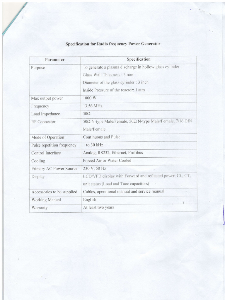 Radio Frequency Power Generator Specs | PDF