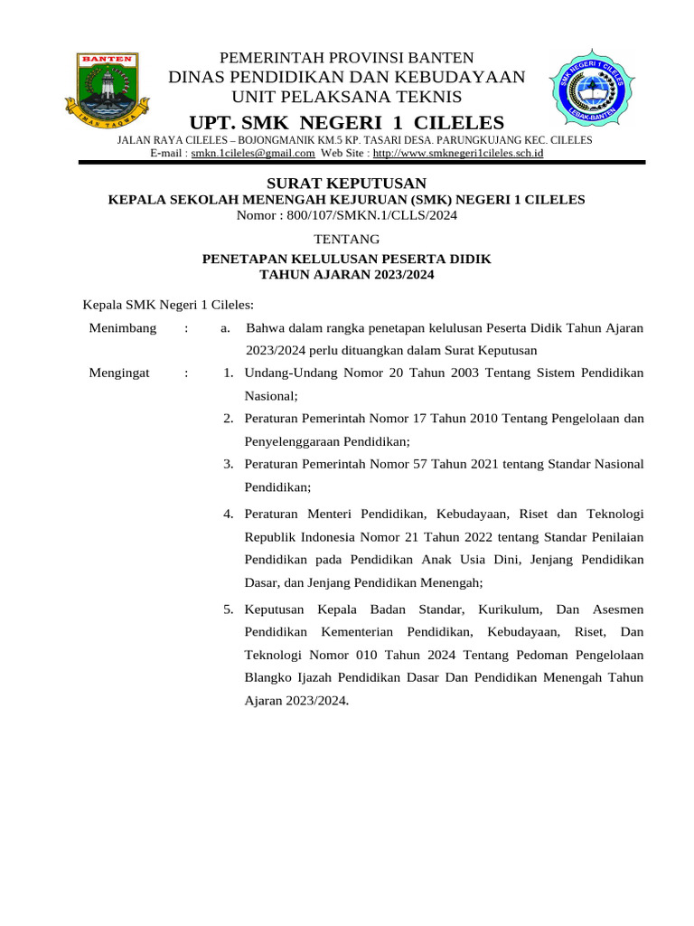 Contoh SK Penetapan Kelulusan SMK 2024 | PDF