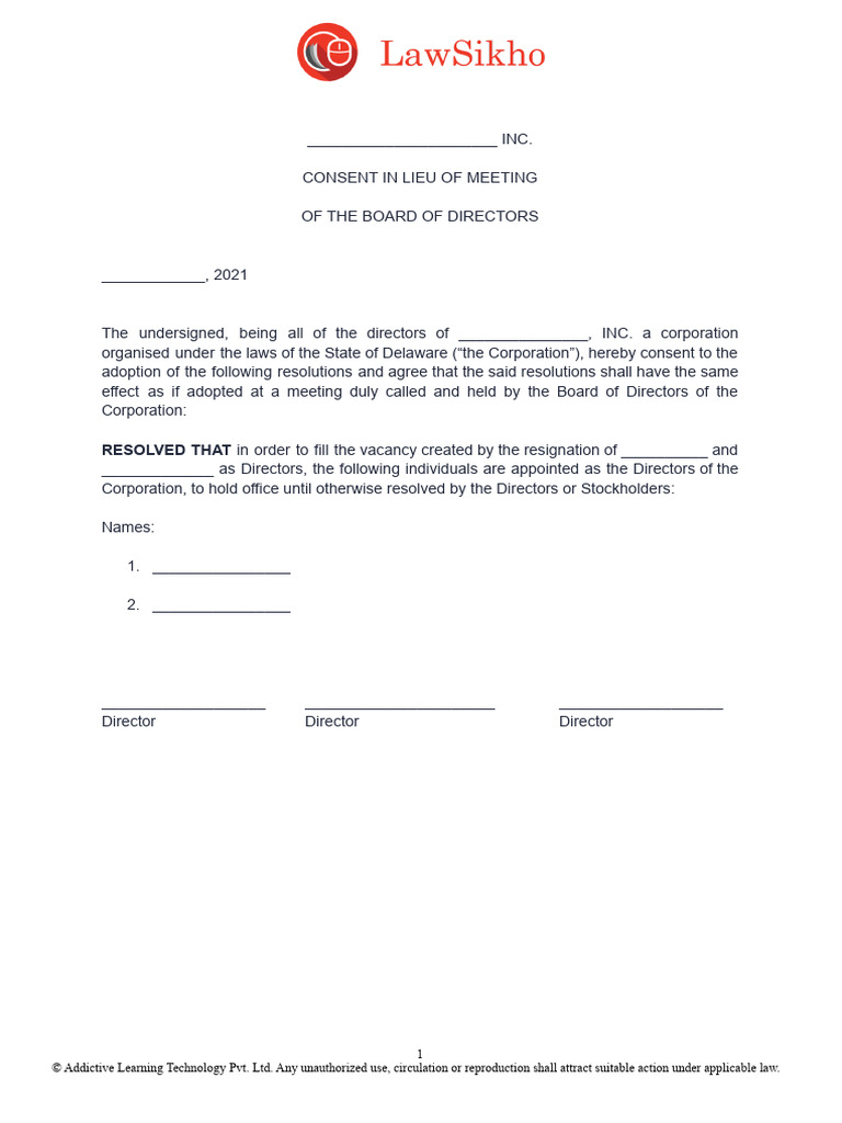 Resolution For Appointment of Directors of A Delaware C-Corporation | PDF