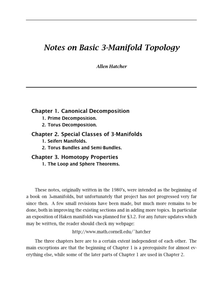 Notes on Basic 3-Manifold Topology | PDF | Manifold | Mathematical Analysis