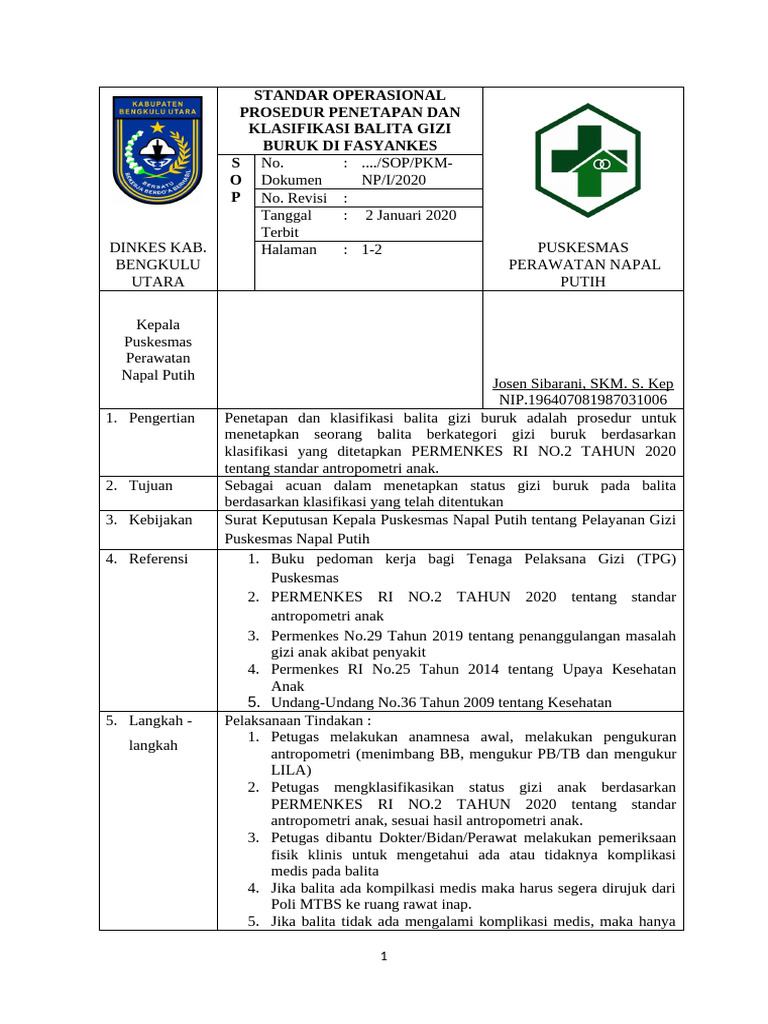 Sop Penetapan Dan Klasifikasi Balita Gizi Buruk Di Fasyankes | PDF