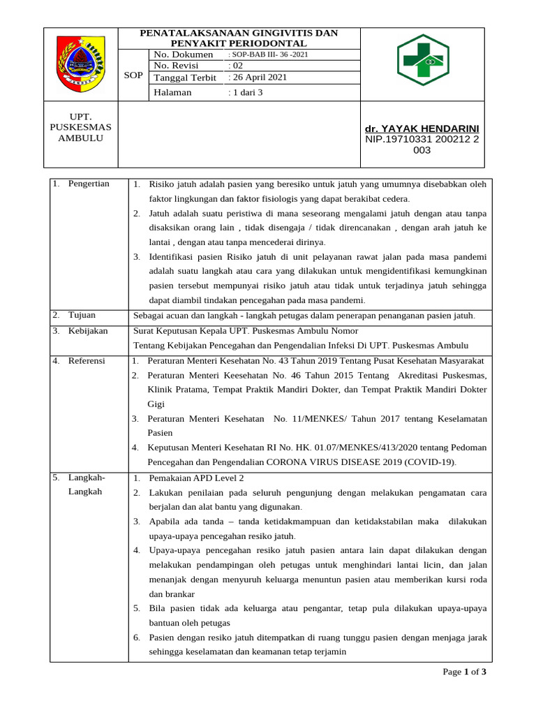 Sop Penatalaksanaan Gingivitis | PDF