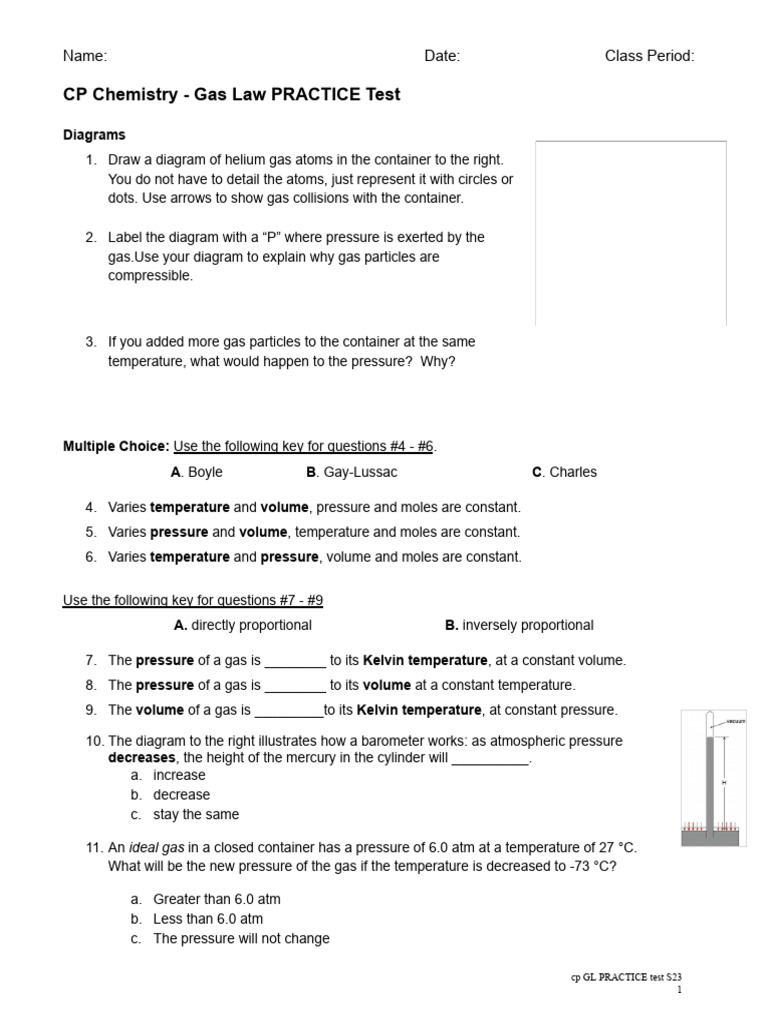 1b. Gas Laws PRACTICE Test S23 | PDF | Gases | Temperature