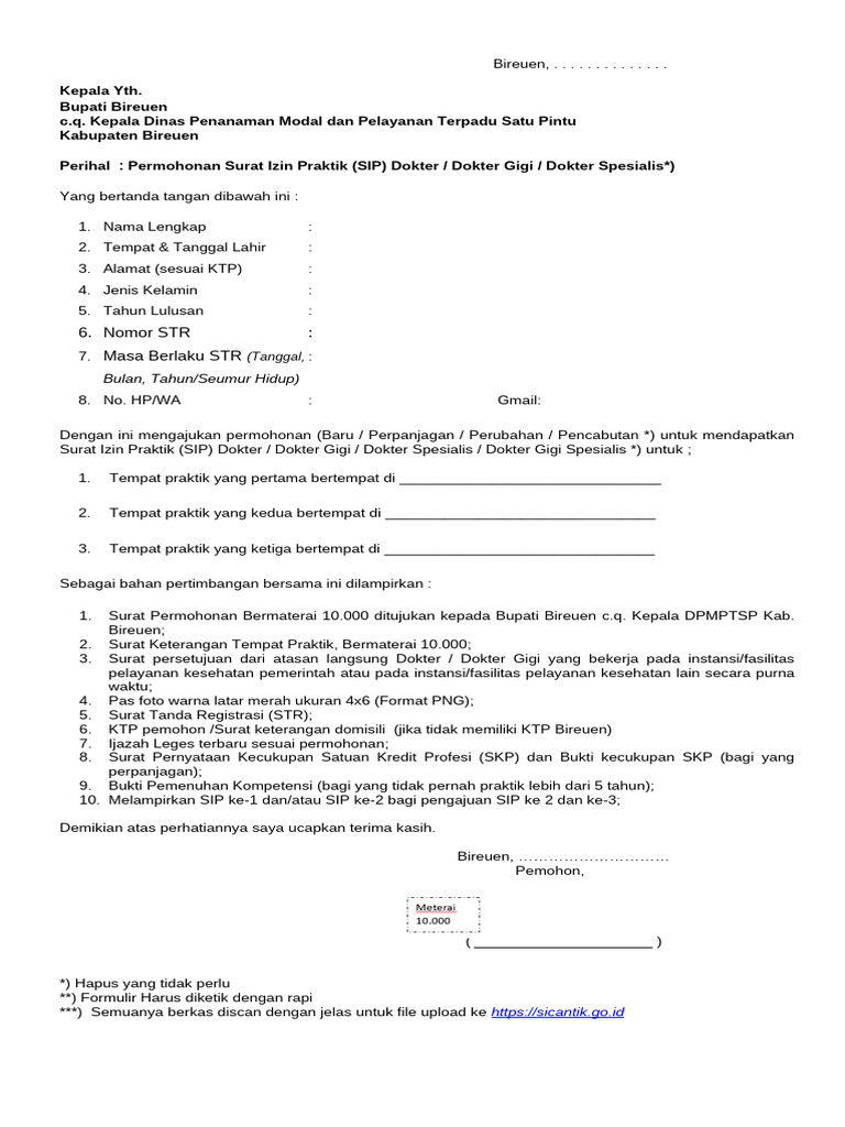 Formulir SIP Dokter, Dokter Gigi, Dokter Spesialis | PDF