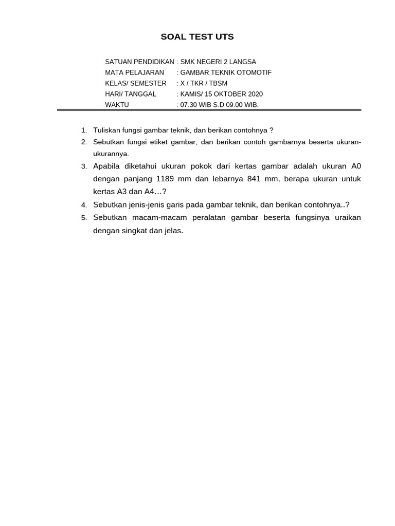 Soal UTS Gambar Teknik Otomotif SMK | PDF