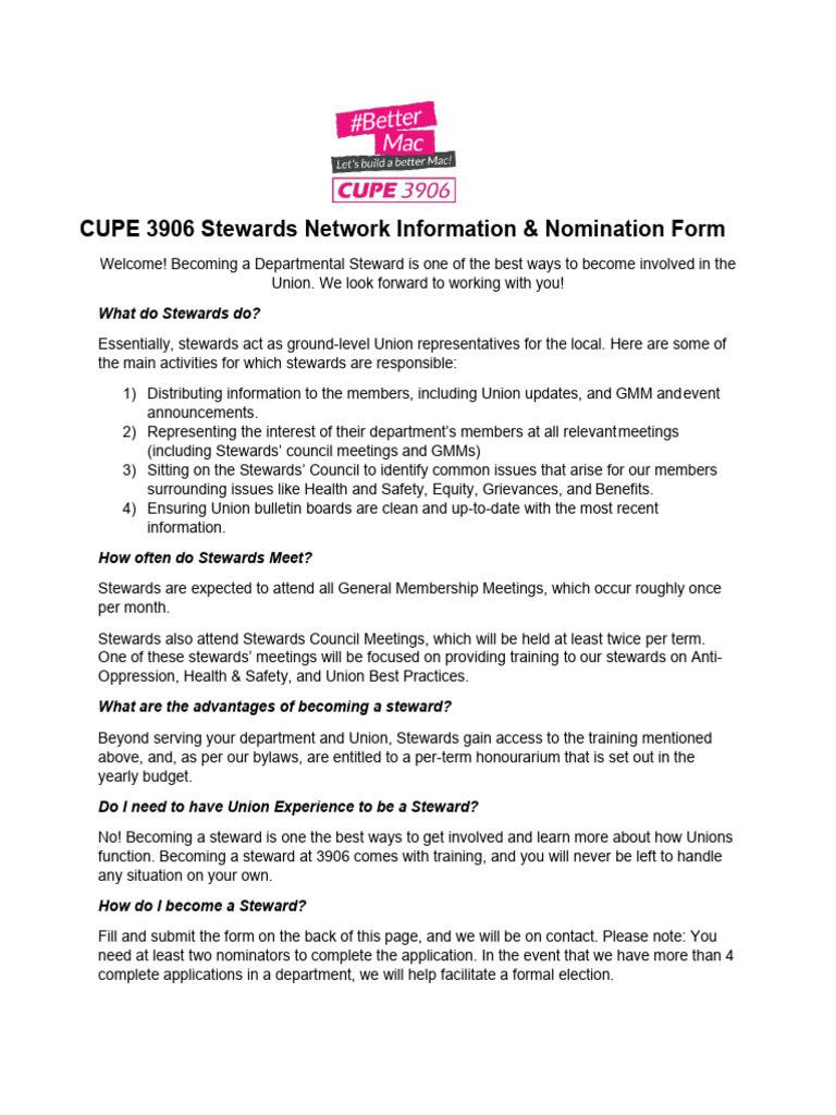 CUPE 3906 Steward Info & Nomination | PDF
