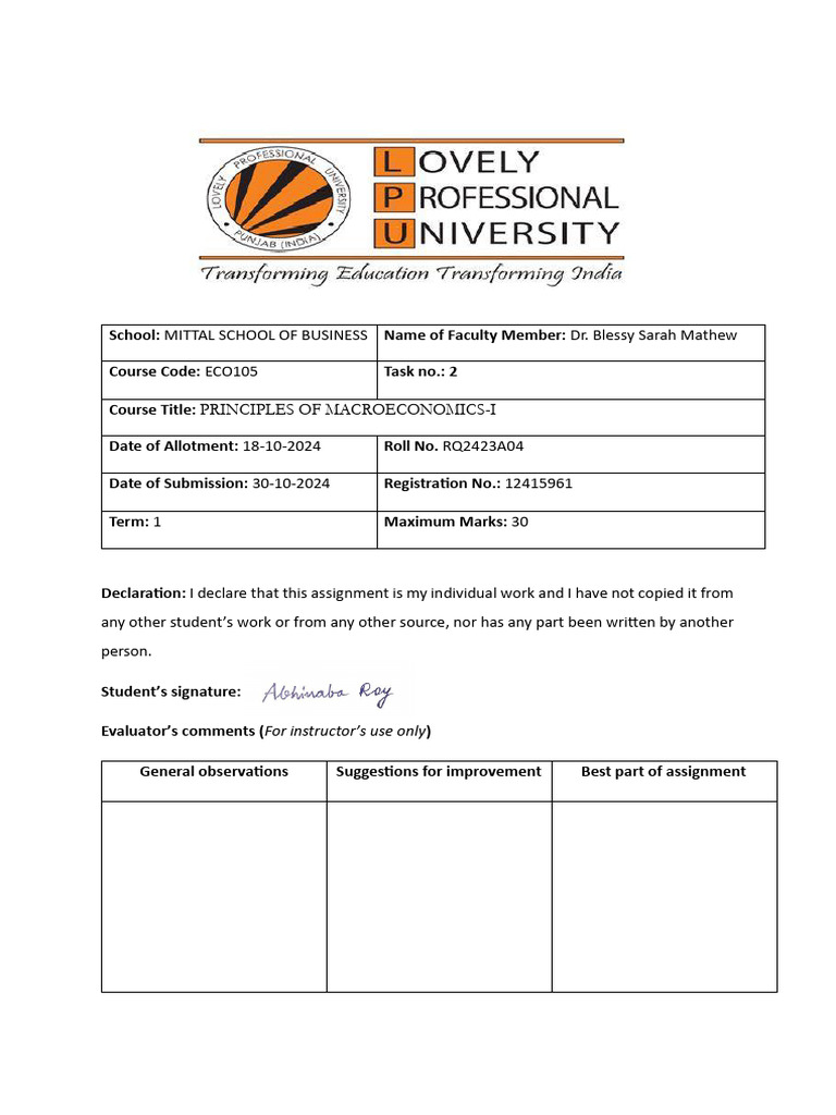 RQ2423A04 - Assignment 2 - ECO105 - MacroEco CA2 PDF | PDF | Economies