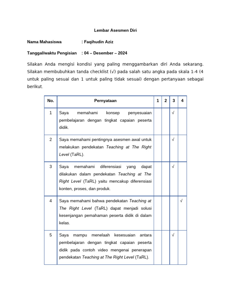 Lembar Asesmen Diri PPG | PDF