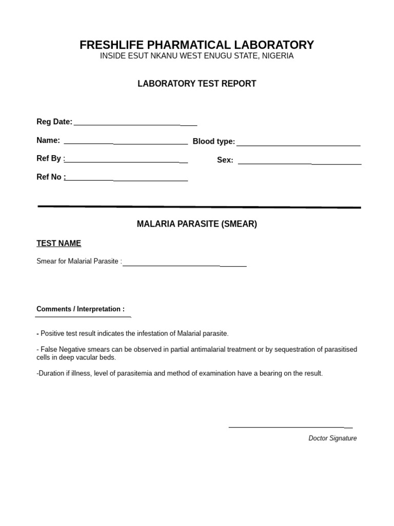 Malaria Test Report - FreshLife Lab | PDF
