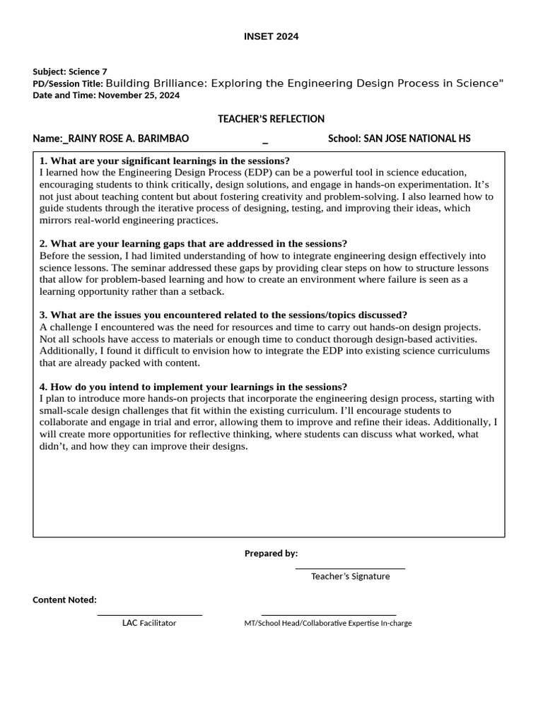 Teacher-Reflection | PDF | Inquiry Based Learning | Design Thinking