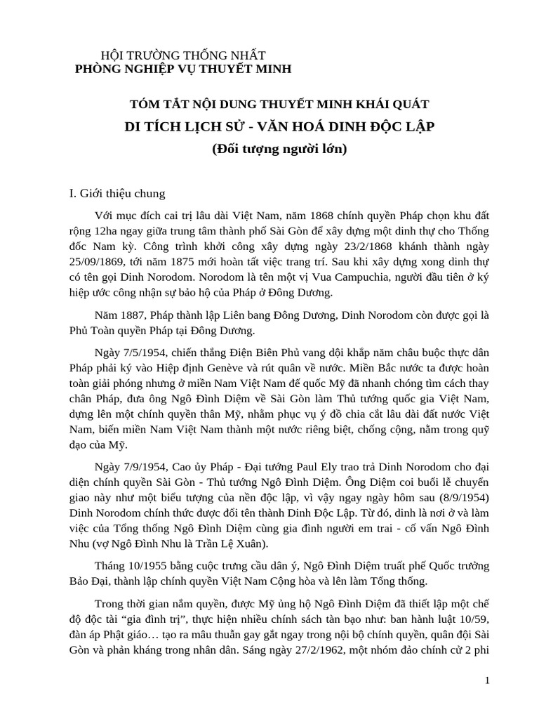 BAI THUYET MINH Dinh Độc Lập | PDF