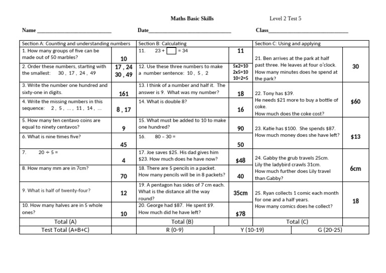 Level 2 Maths Skills Test 5 | PDF