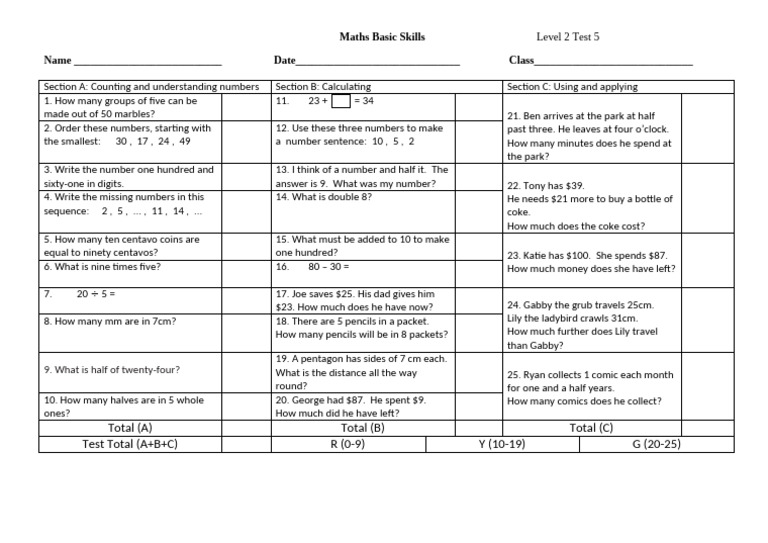 15 Minute Maths Level 2 Test 5 | PDF