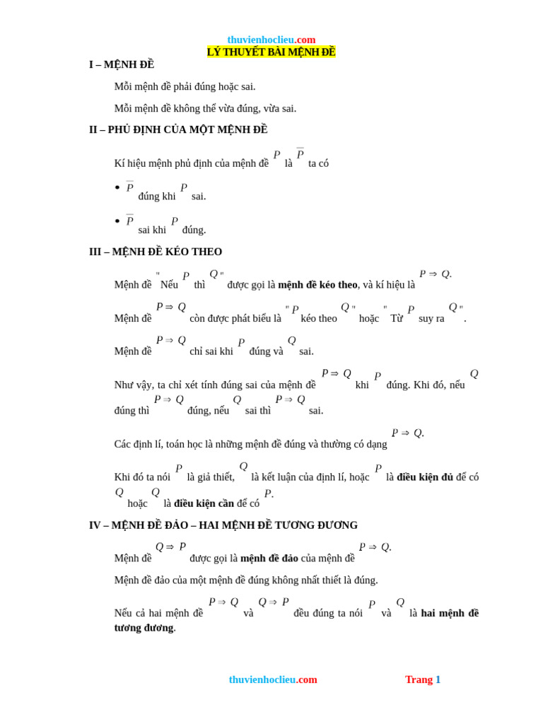 Ly Thuyet Bai Menh de Toan 10 | PDF