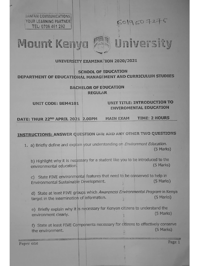 Environmental Education Past Papers | PDF