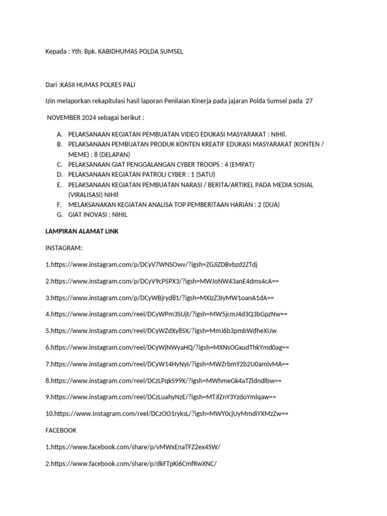 LAP KINERJA 27 NOVEMBER 2024 POLRES PALI | PDF