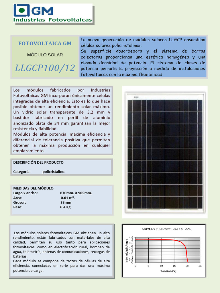 Ficha Técnica Módulo Solar Fotovoltaico LLGCP - 100W - 12V 36 Células ...