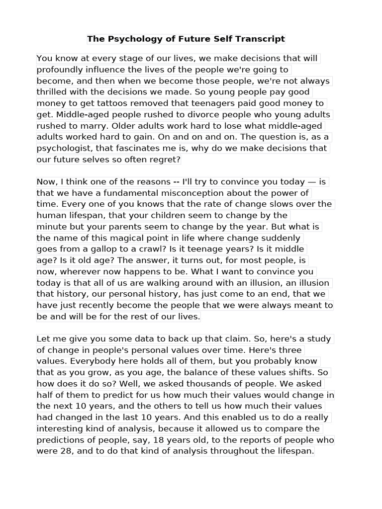The Psychology of Future Self Transcript | PDF | Psychological Concepts ...