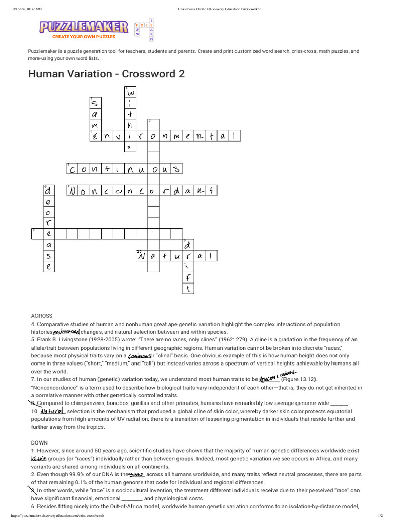 Human Variation - Crossword 2 | PDF | Genetics | Race (Human ...