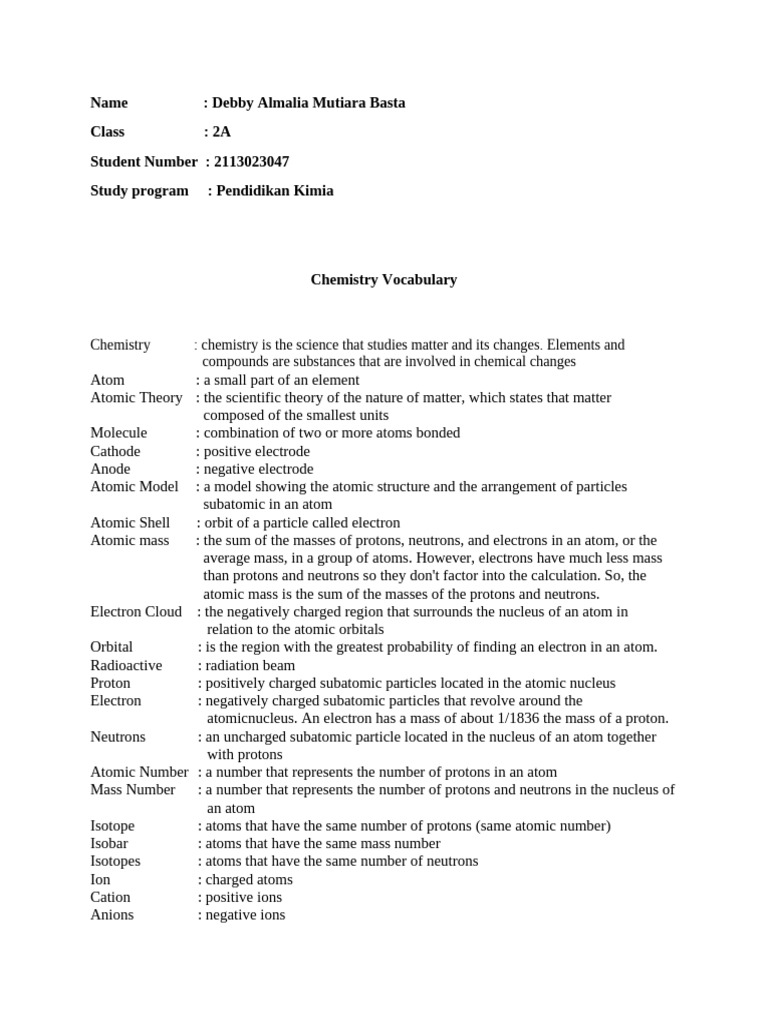 Essential Chemistry Vocabulary Guide | PDF | Atoms | Ion