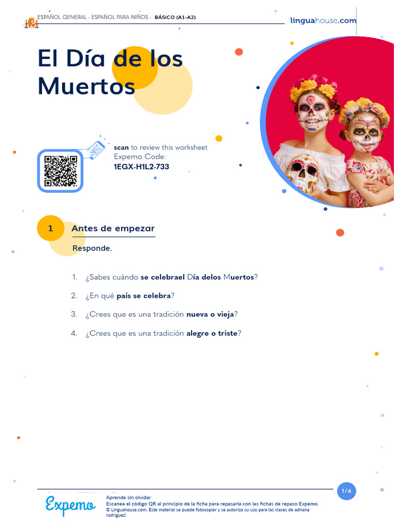 Día de Muertos para Niños: Actividades A1-A2 | PDF