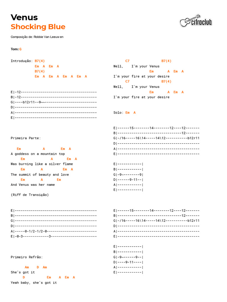 Cifra de "Venus" - Shocking Blue | PDF